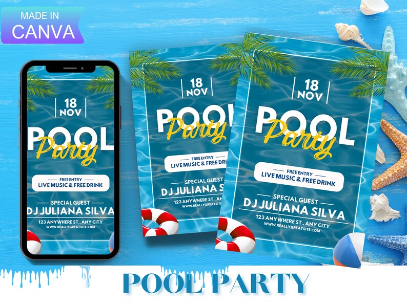 Editable Blue and White Modern Pool Party Invite.pdf, Summer Color Pool ...