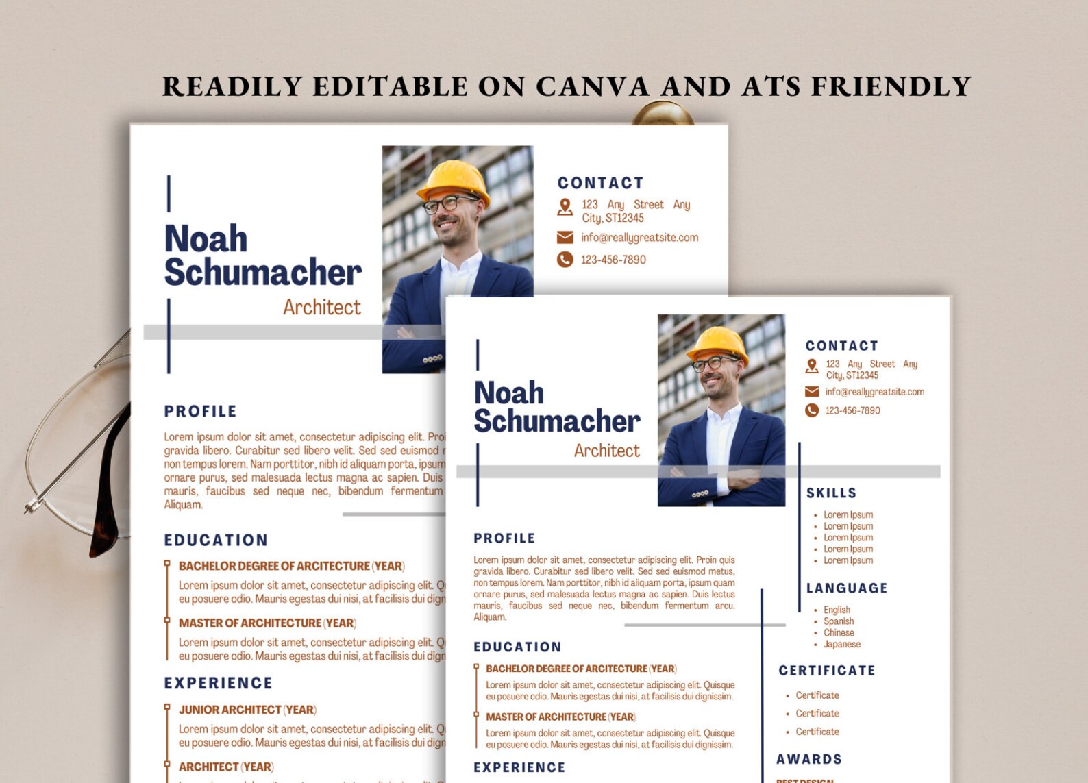 Professional Architect Resume CV Template for Canva Professional CV ...