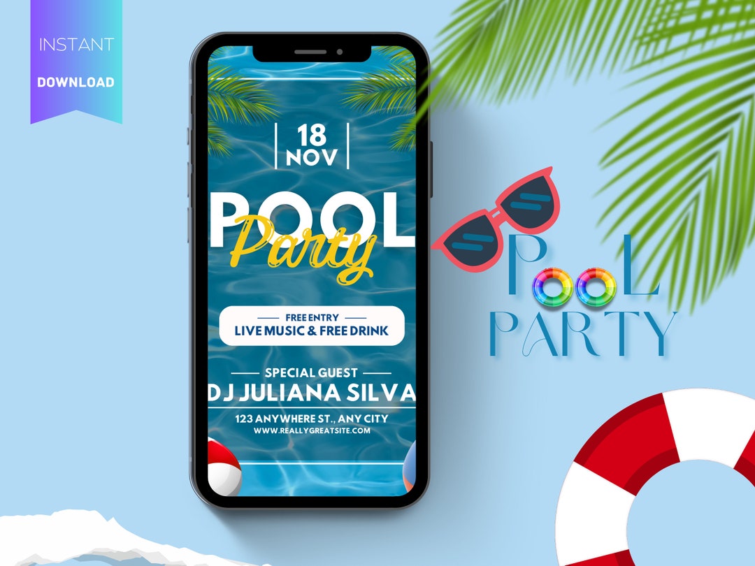 Editable Blue and White Modern Pool Party Invite.pdf, Summer Color Pool ...