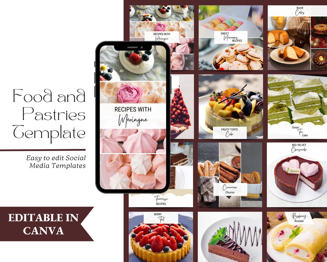 Food Instagram Post Bundle, Food Blogger Post Templates for Canva ...