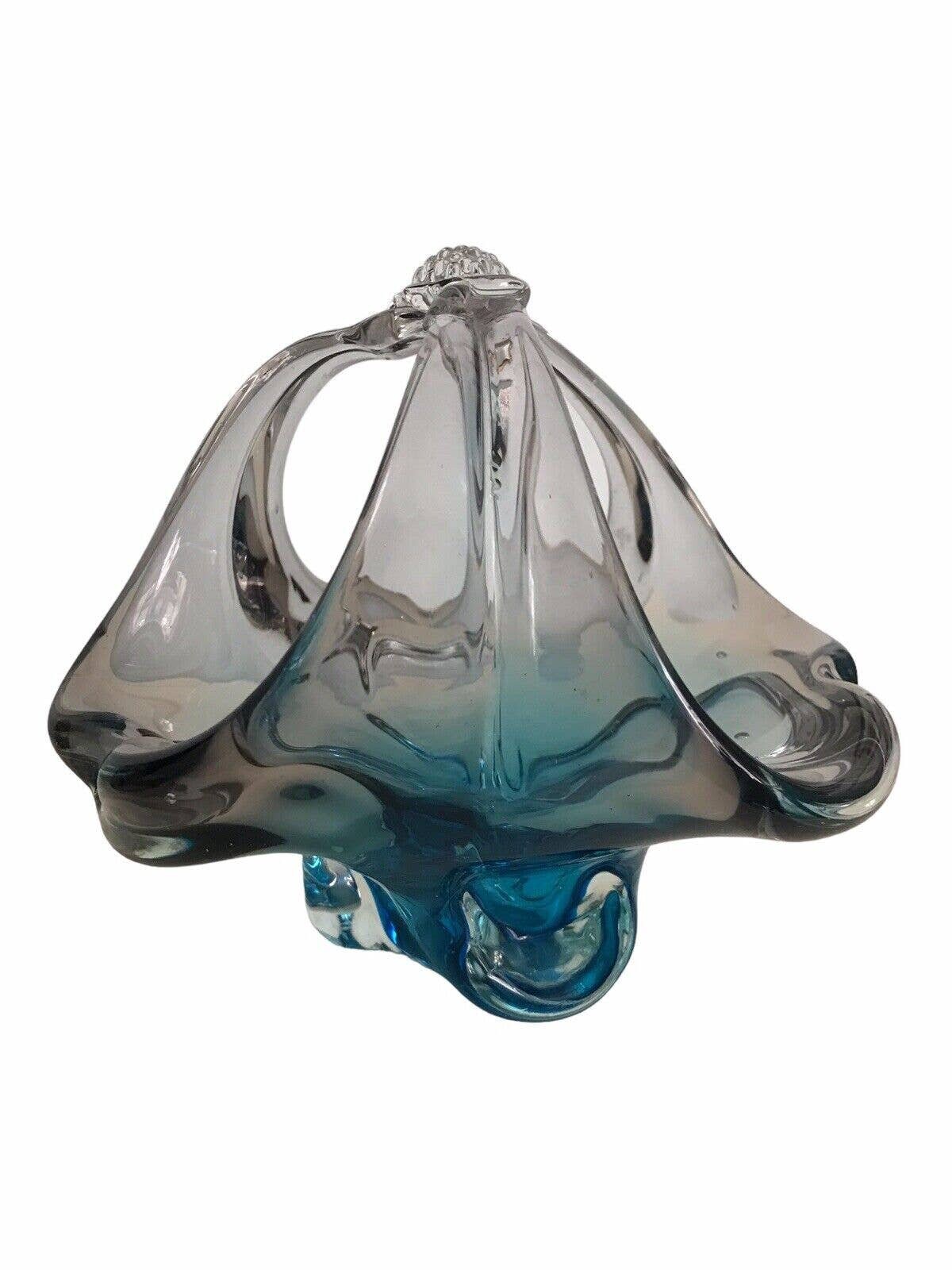 Vintage Mid Century Hand Blown Art Glass Blue Decorative Basket Bowl - Etsy