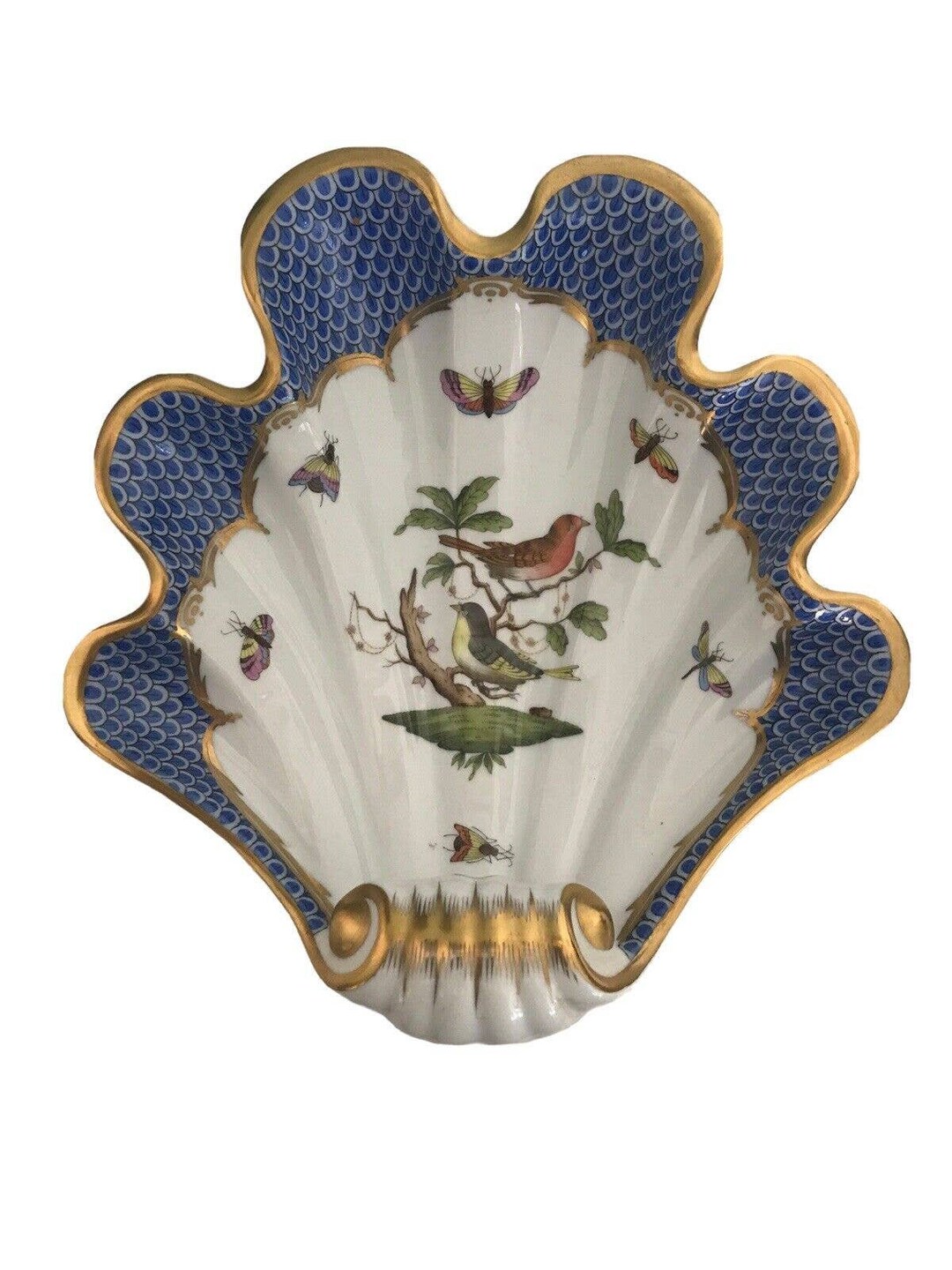 Estate SIGNED Herend Shell Rothschild Bird Blue Fishnet Decor Bowl ...