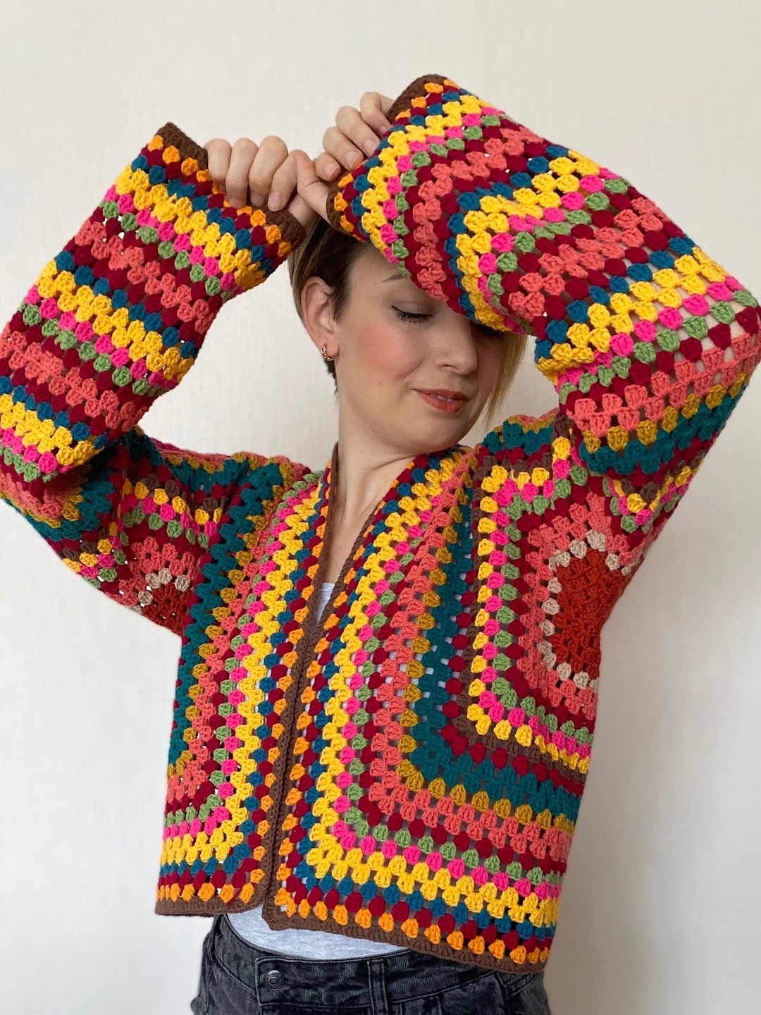 Hexagon Cardigan, Hexagon Crop Top, Knitted Crochet Coat, Cotton ...