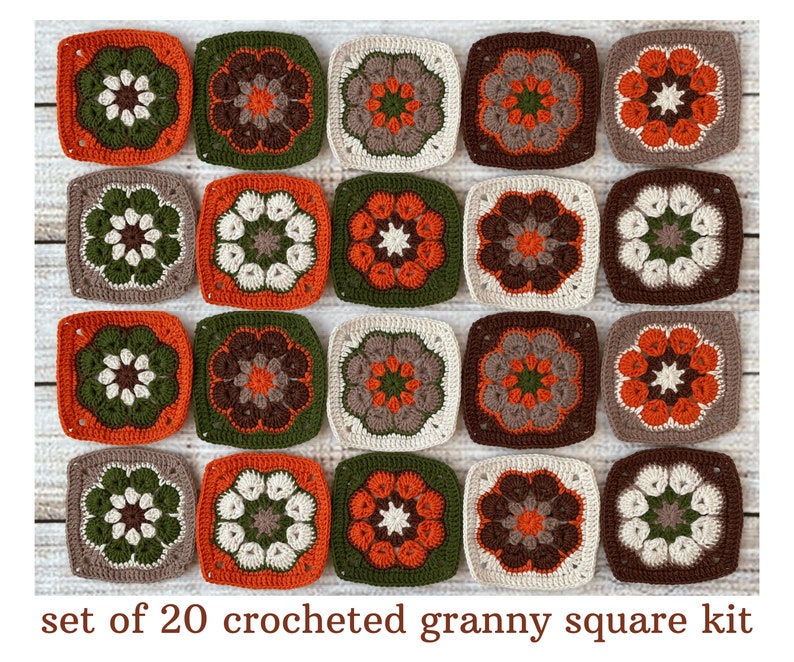 Set of 20 Crocheted Granny Squares, Autumn Colors Granny Square Kit ...