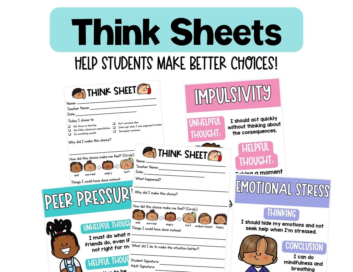 Think Sheets Behavior Reflection Sheet School Counseling Classroom ...