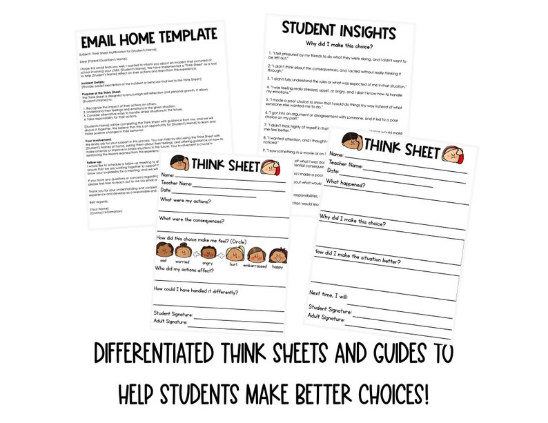 Think Sheets Behavior Reflection Sheet School Counseling Classroom ...