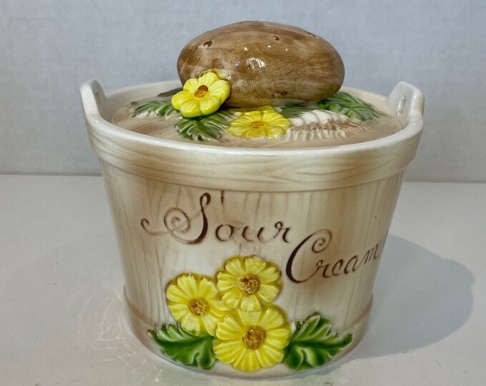 Vintage Ceramic Wood Look Bucket Sour Cream Container With Potato Lid ...