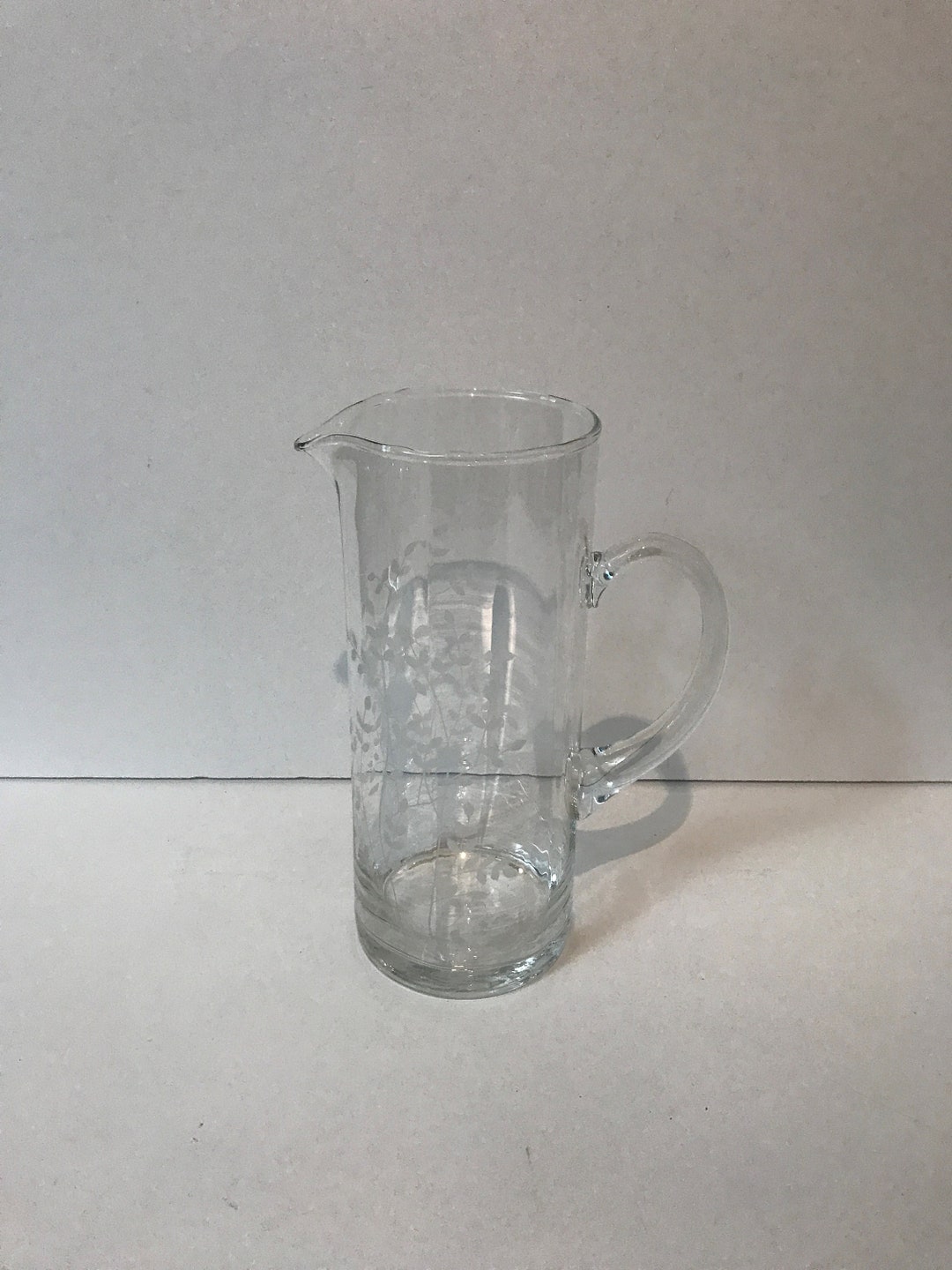 Vintage Tall Narrow Glass Etched Vine Pitcher - Etsy