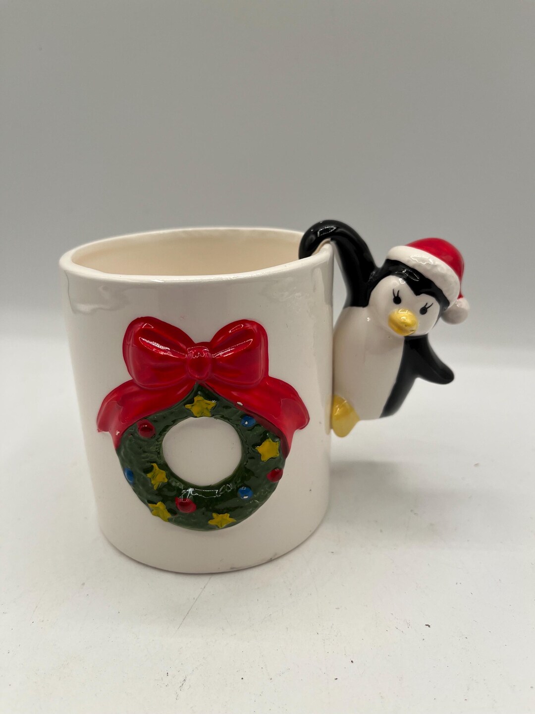 Vintage Ceramic Mug With Penguin Handle and Wreath Embellishment - Etsy