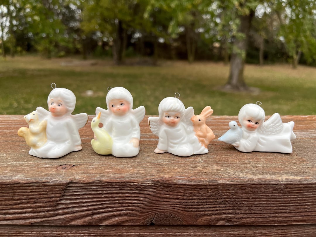 Set of 4 Mini Vintage Porcelain Angels Holding Baby Animals- Squirrel ...