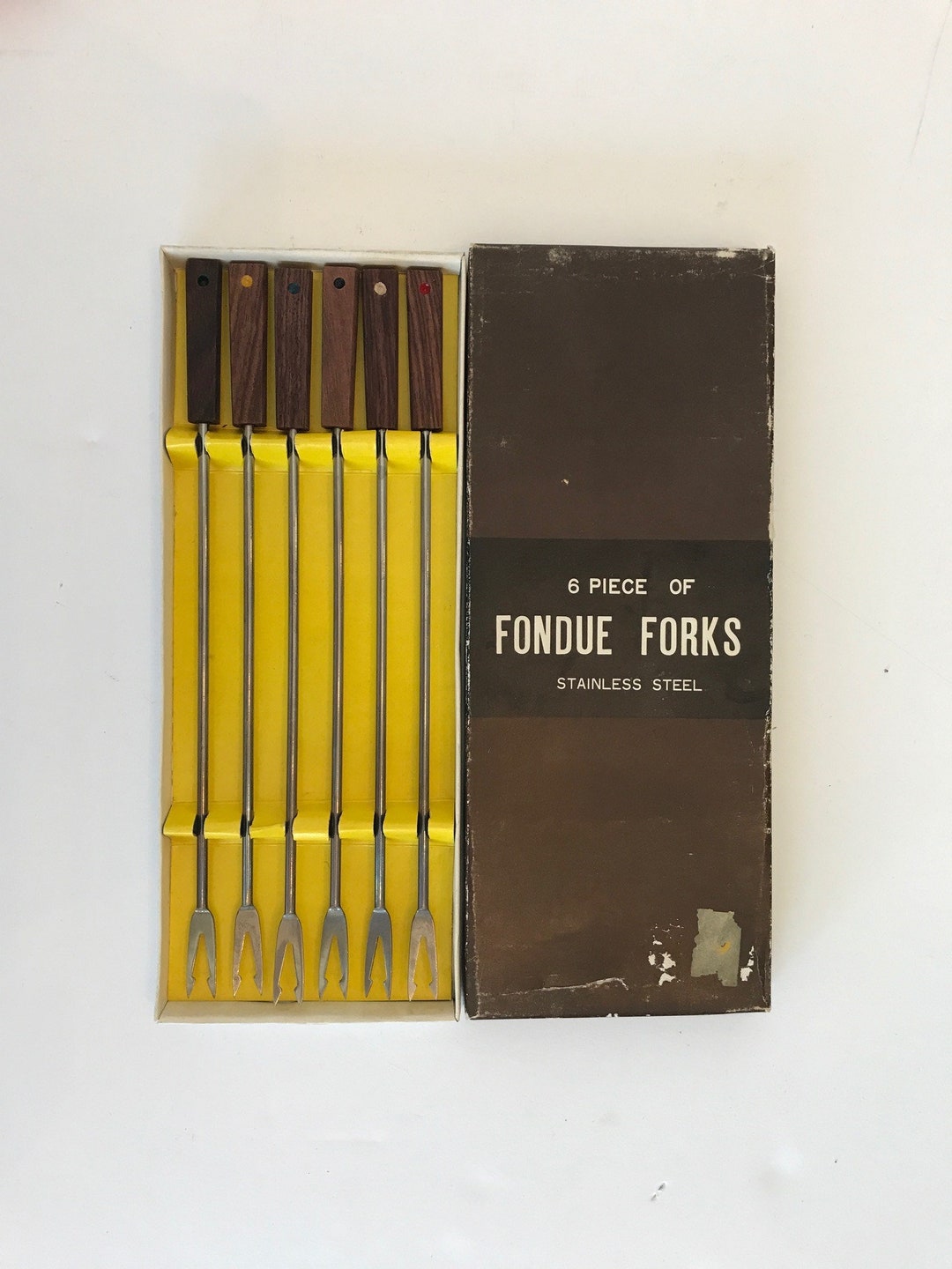 MCM Vintage 6 Piece Stainless Steel Fondue Forks With Wood Handles With ...
