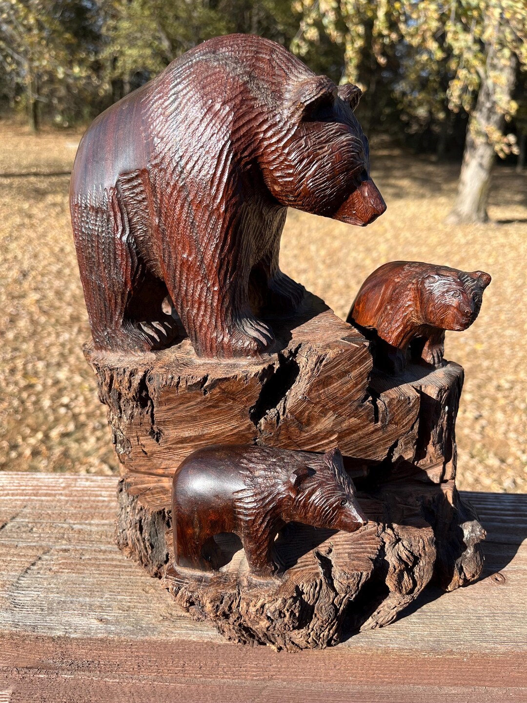 Carved Wood Mama Bear With 2 Cubs Art Piece - Etsy