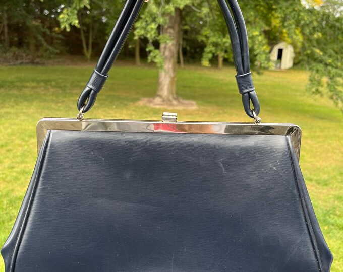 Vintage Navy Blue Vinyl Handbag Purse With Top Handle and Silver Tone ...