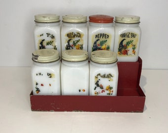 Vintage Tipp City Milk Glass Sunburst Fruit Spice Jars With Metal Spice Rack Set of 7 1930's 40 ...