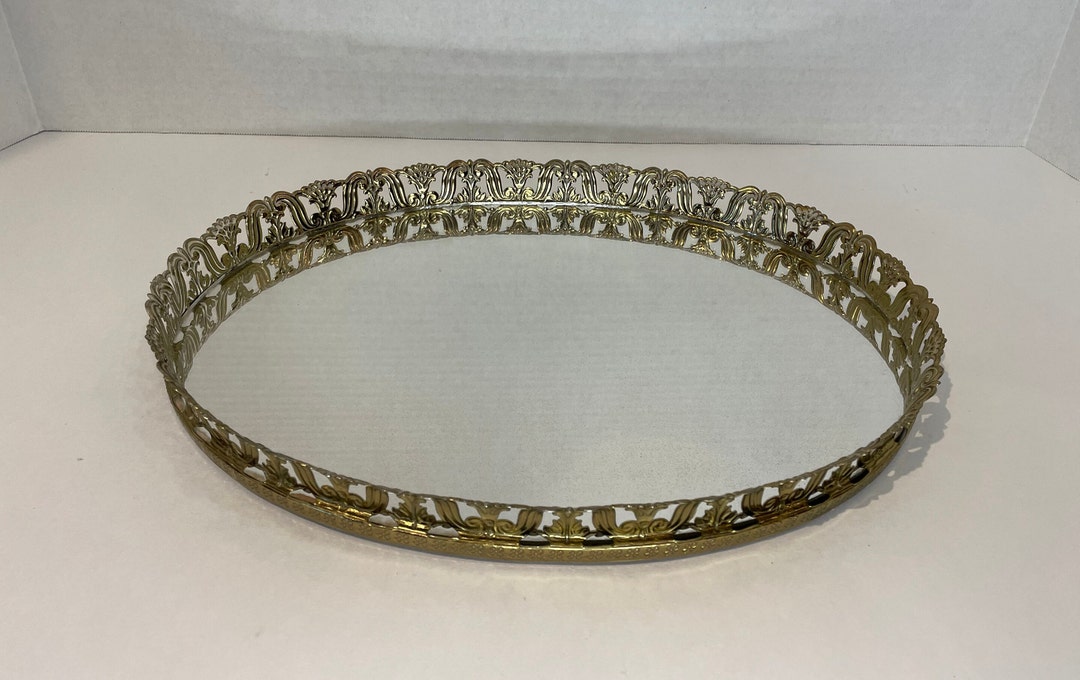 Round Mirrored Vanity Tray With Detailed Gold Edging - Etsy
