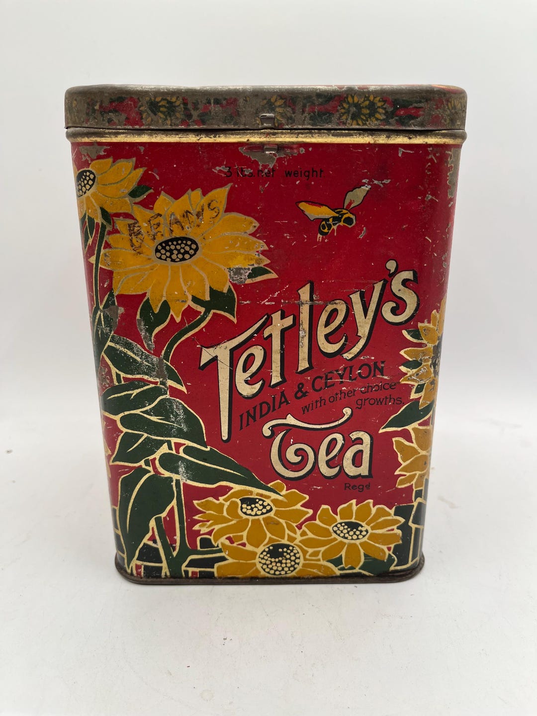 Tetley’s Tea Hinged Tin Red With Yellow Sunflowers Made in England 5.75 ...