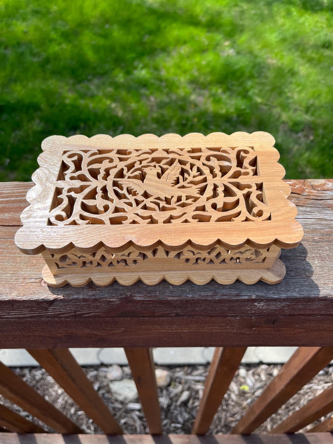 Decorative Carved Wood Box With Hinged Lid - Bird and Scalloped Edges ...