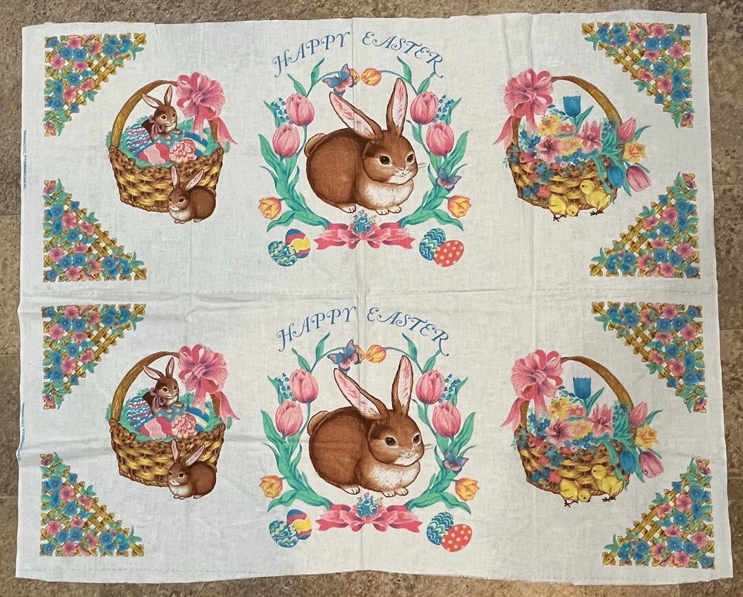Vintage Easter Fabric Wansutta / Hallmark Cards Bunny Rabbits, Baskets, Spring Flowers and ...