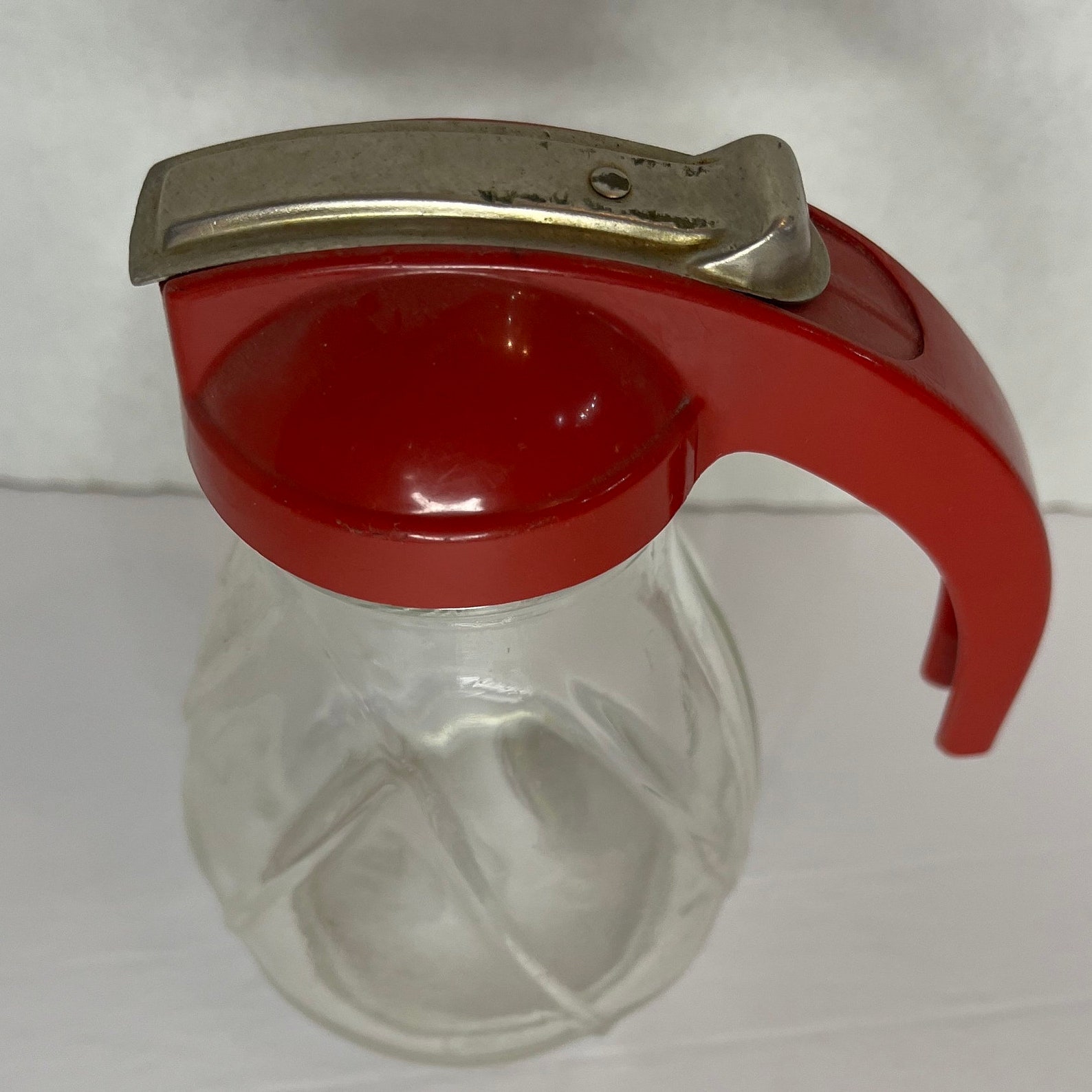 Vintage Red Top Glass Syrup Dispenser Pitcher - Etsy