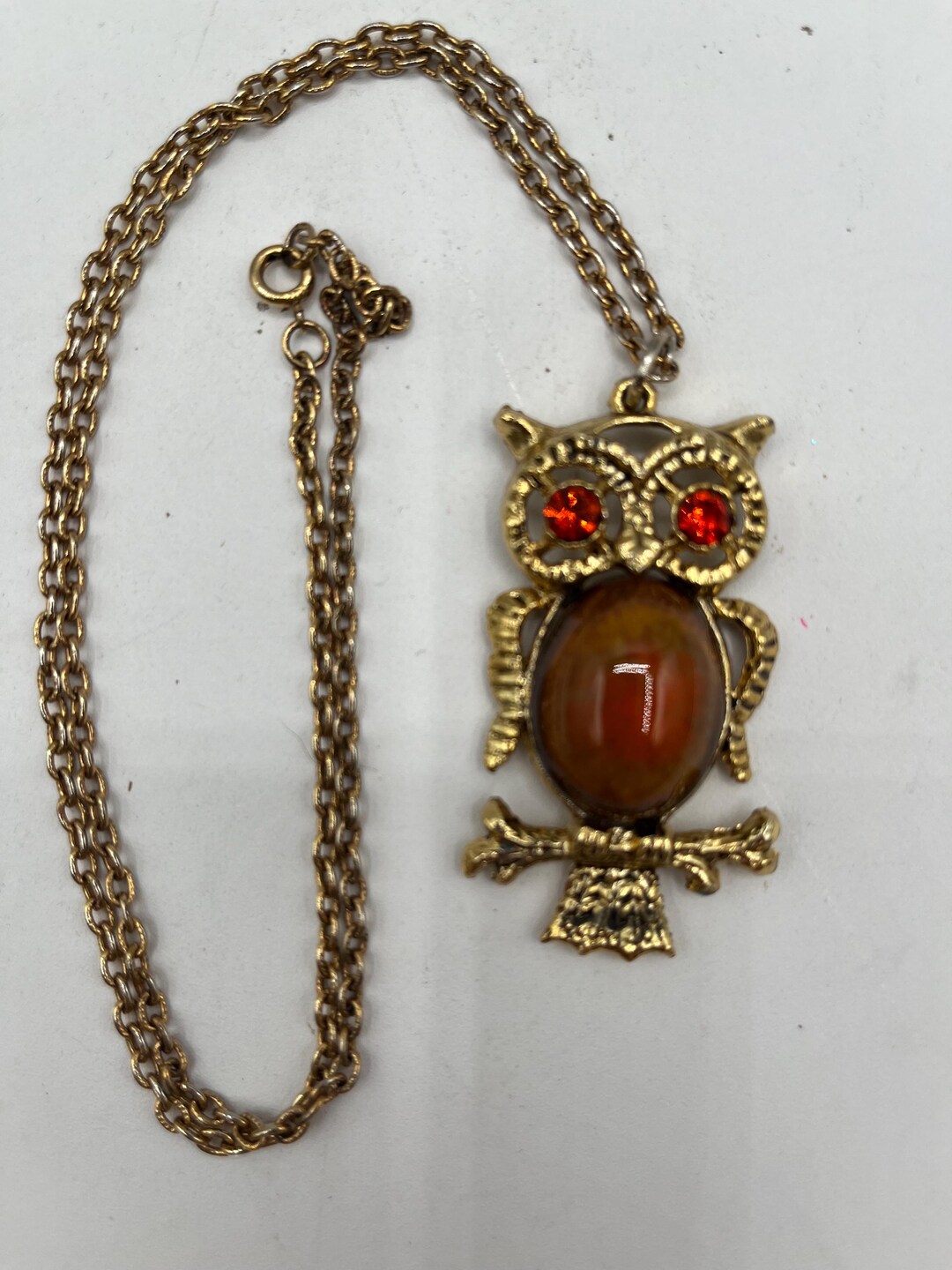 Vintage Jelly Belly Gold Tone Owl Neclace With Orange Rhinestone Eyes ...