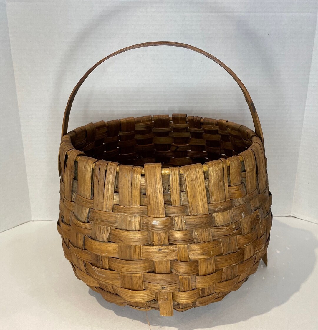 Handmade Vintage Round Wood Slat Splint Farmhouse Basket With Bent Wood ...