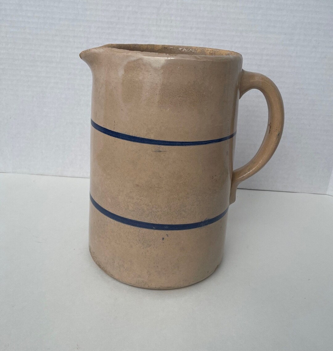 Vintage Glazed Farmhouse Blue Stripe Pottery Pitcher - Etsy