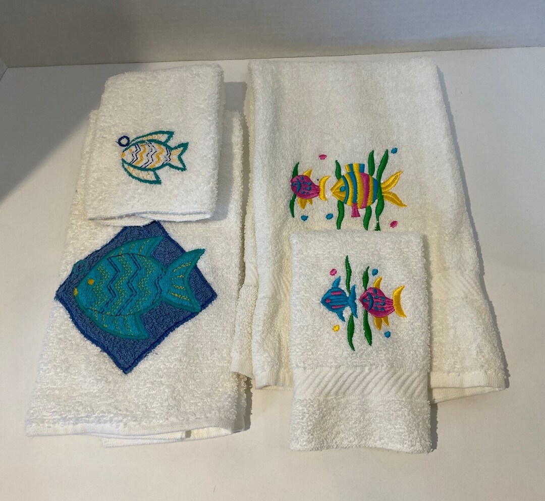 NOS Vintage Set of 2 Embroidered Fish Hand Towels and 2 Washcloths ...