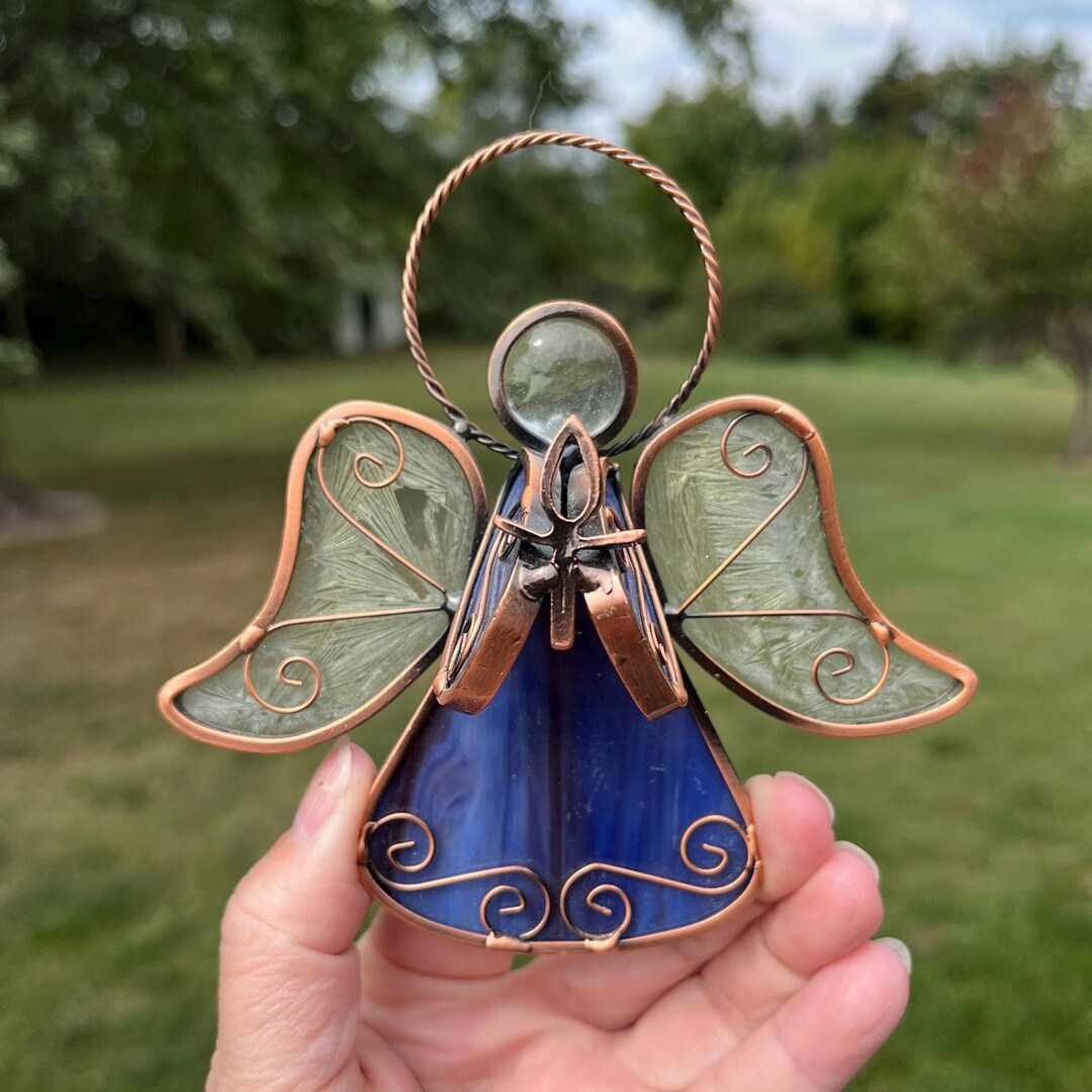 Vintage Stained Glass & Metal Angel With Candle - Copper, Blue Clear - Etsy