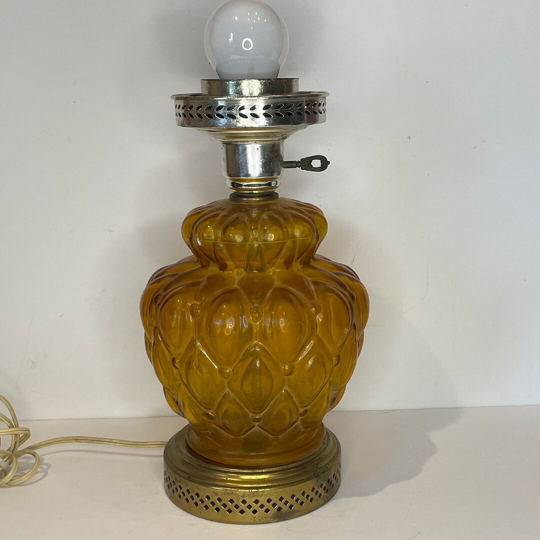 Vintage Amber Yellow Glass Hurricane Table Lamp - Etsy