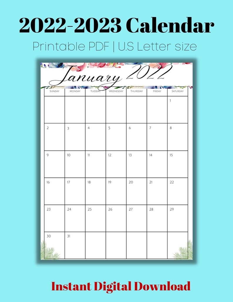 2022-2023 Monthly Calendar Printable Digital Download 8.5x11 - Etsy