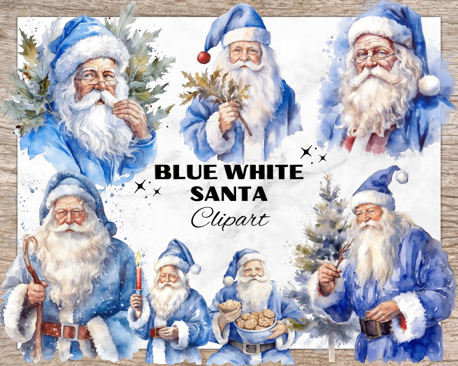 Santa Claus Clipart Bundle, Blue White Christmas Watercolor Clipart ...