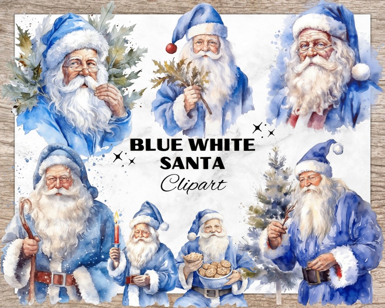 Santa Claus Clipart Bundle, Blue White Christmas Watercolor Clipart ...