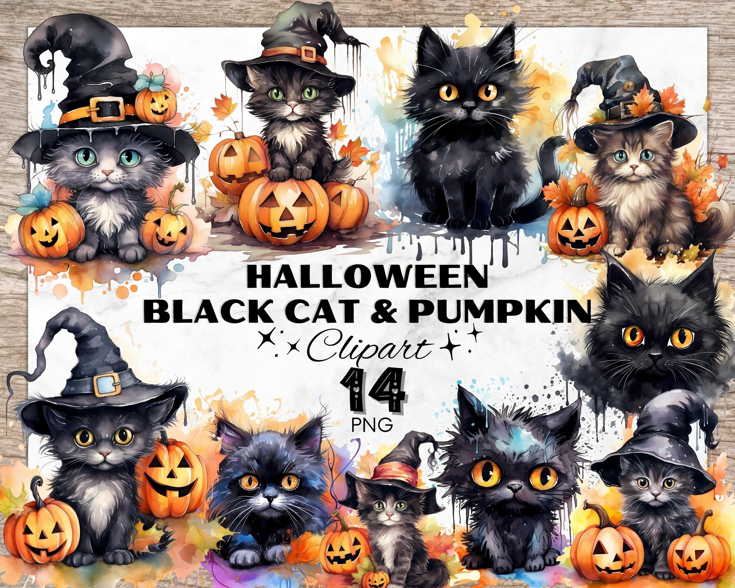 Black Cat Watercolor Clipart, Halloween Clipart Bundle, Pumpkin Clipart ...