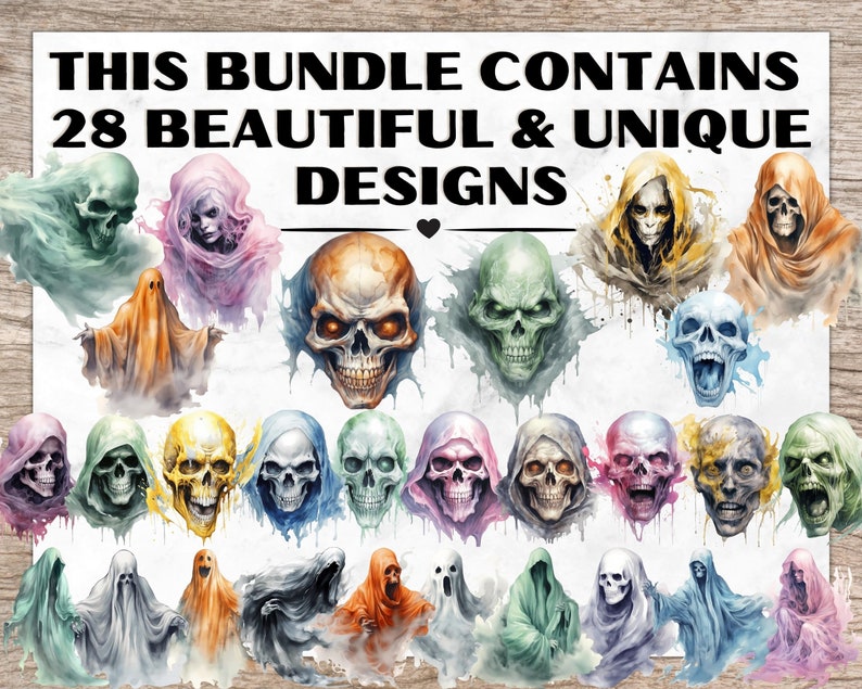 Scary Skulls & Ghosts Watercolor Clipart, Skull Clipart, Halloween ...
