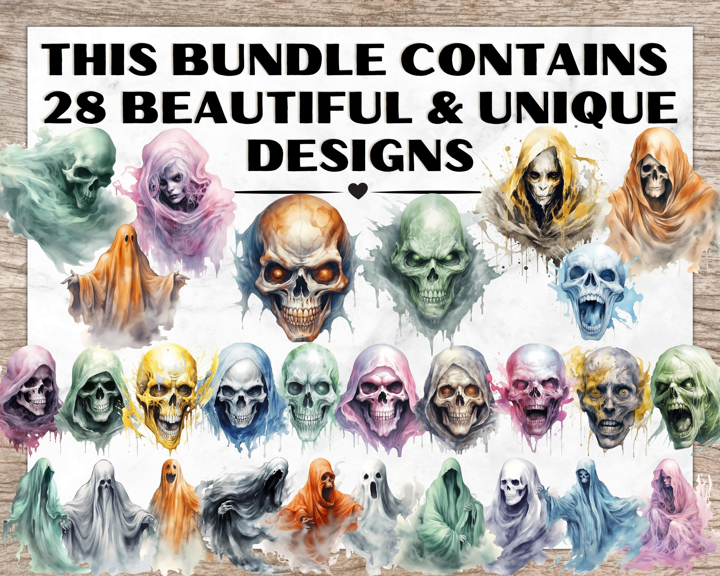 Scary Skulls & Ghosts Watercolor Clipart, Skull Clipart, Halloween ...