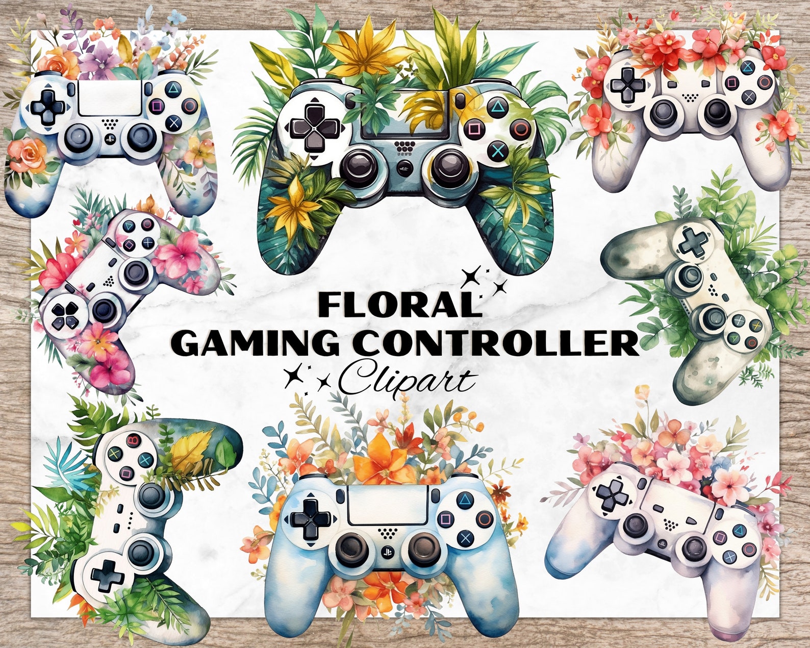 Floral Gaming Controller Watercolor Clipart, Gaming PNG, Watercolor ...