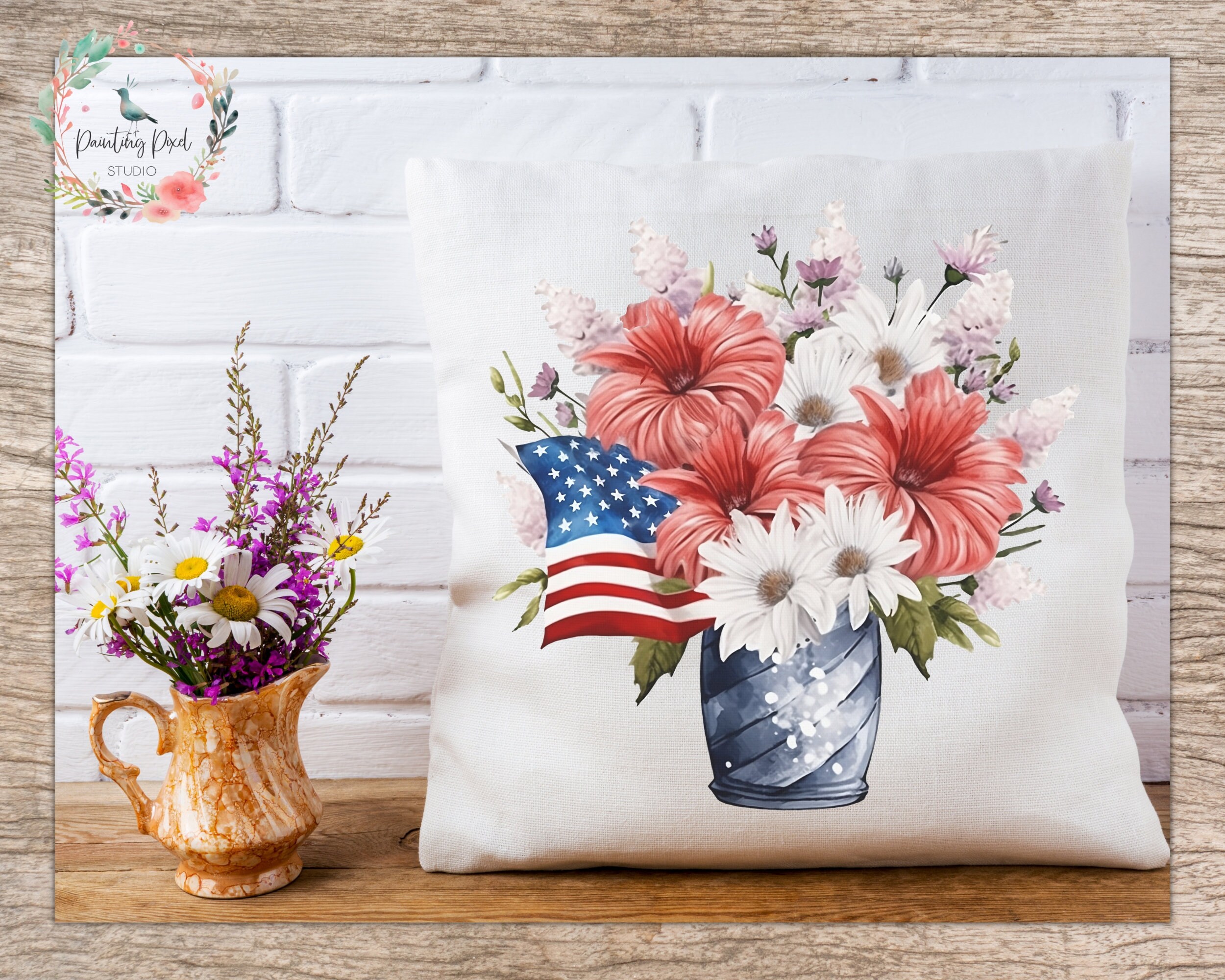 American Flag Flower Bundle, Watercolor Clipart, Patriotic Flowers ...