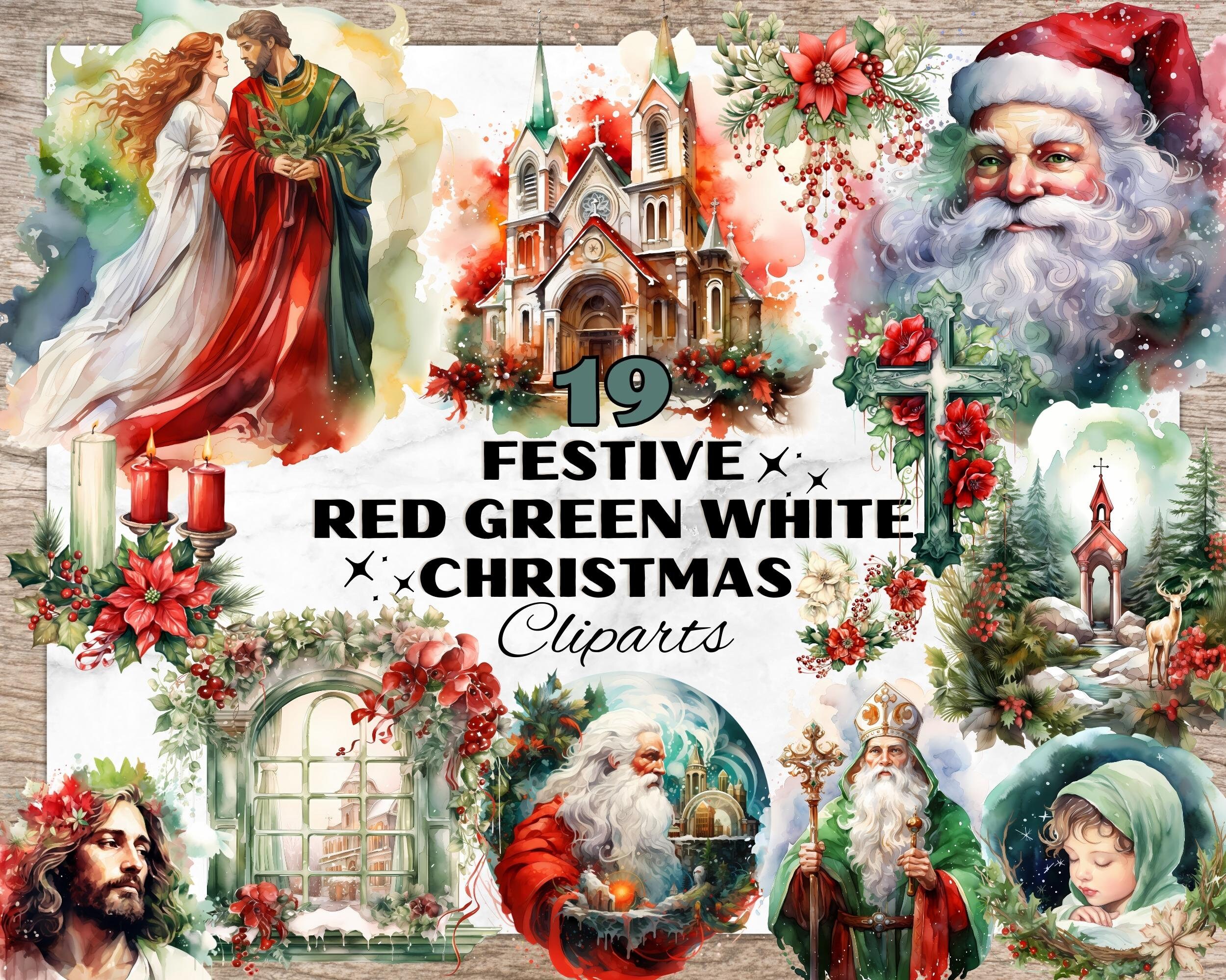 Festive Red Green White Christmas Watercolor Clipart, Christmas Clipart ...