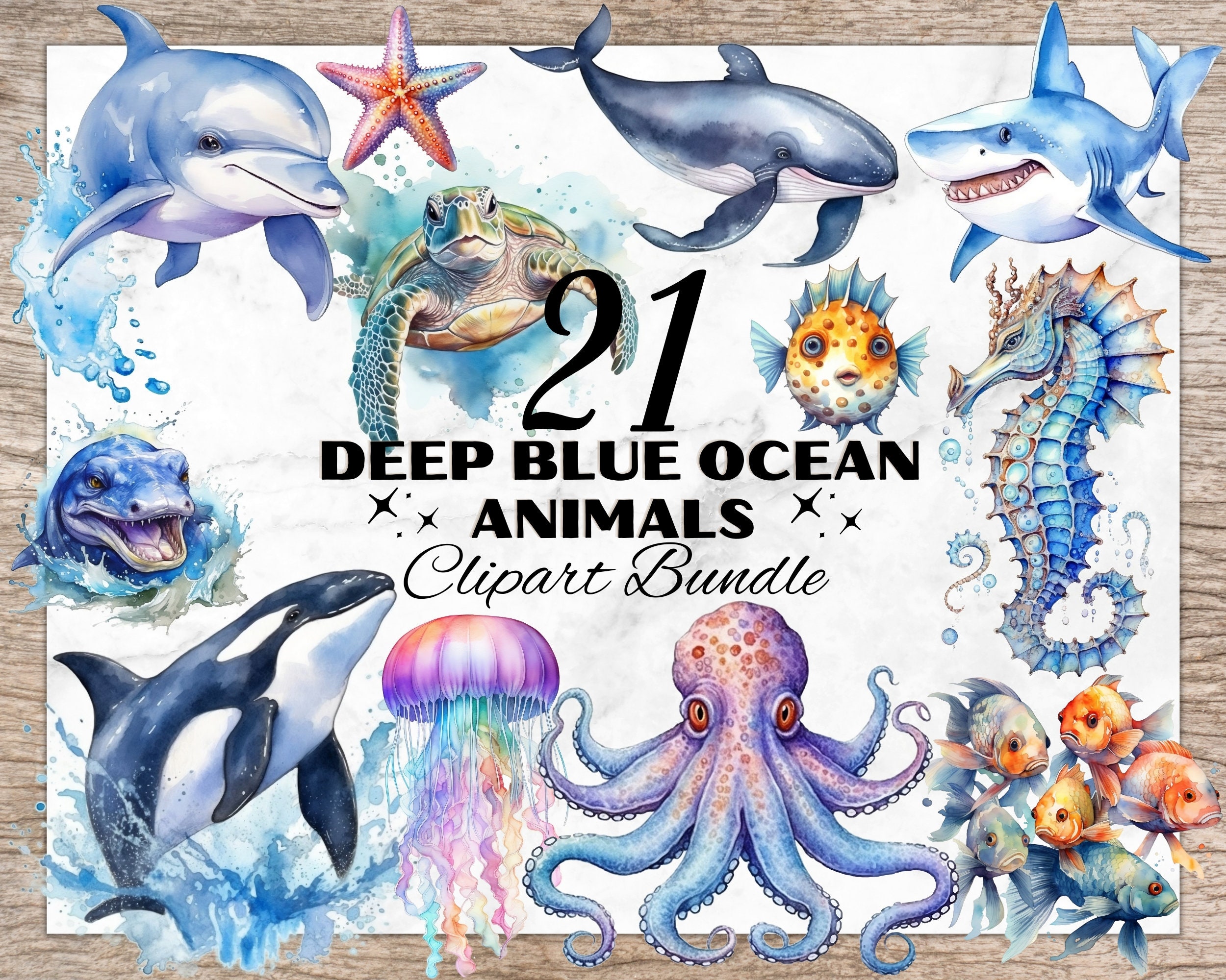 Ocean Animals Watercolor Clipart, Underwater Creatures, Shark Clipart ...