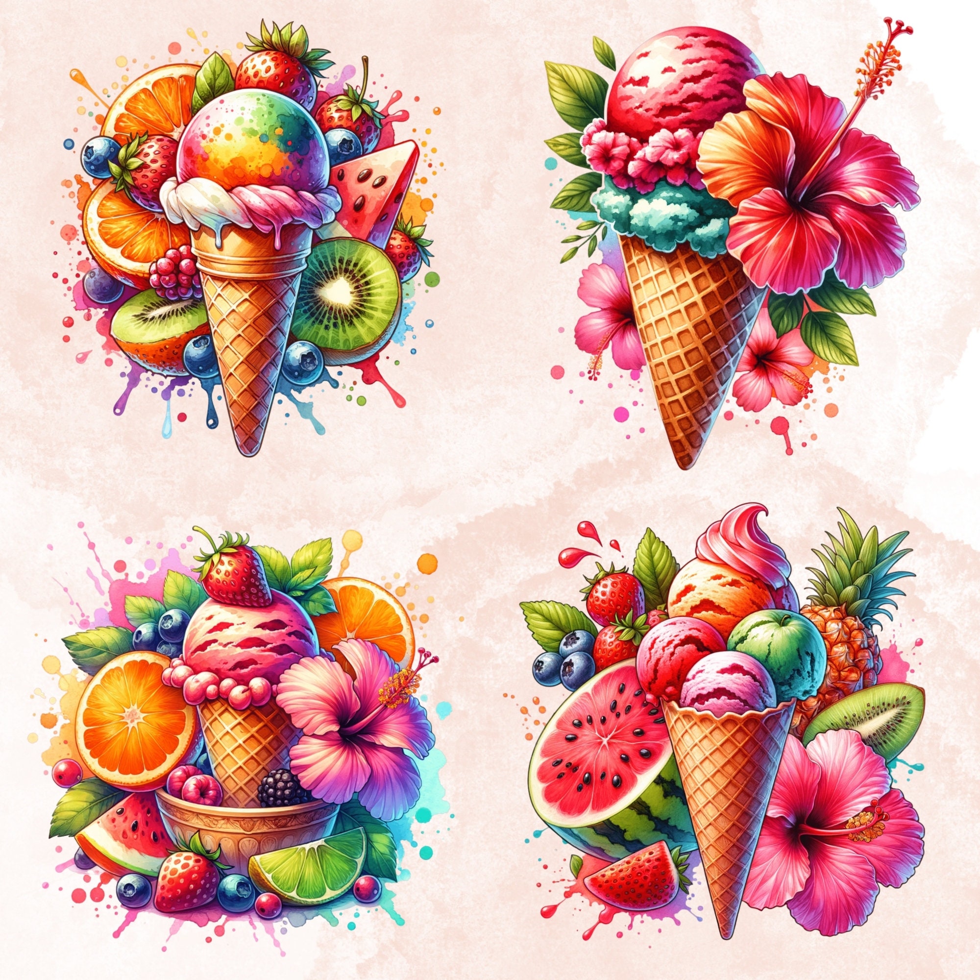 Tropical Summer Ice Cream Clipart Bundle, Beach Fruits Hibiscus Flower ...