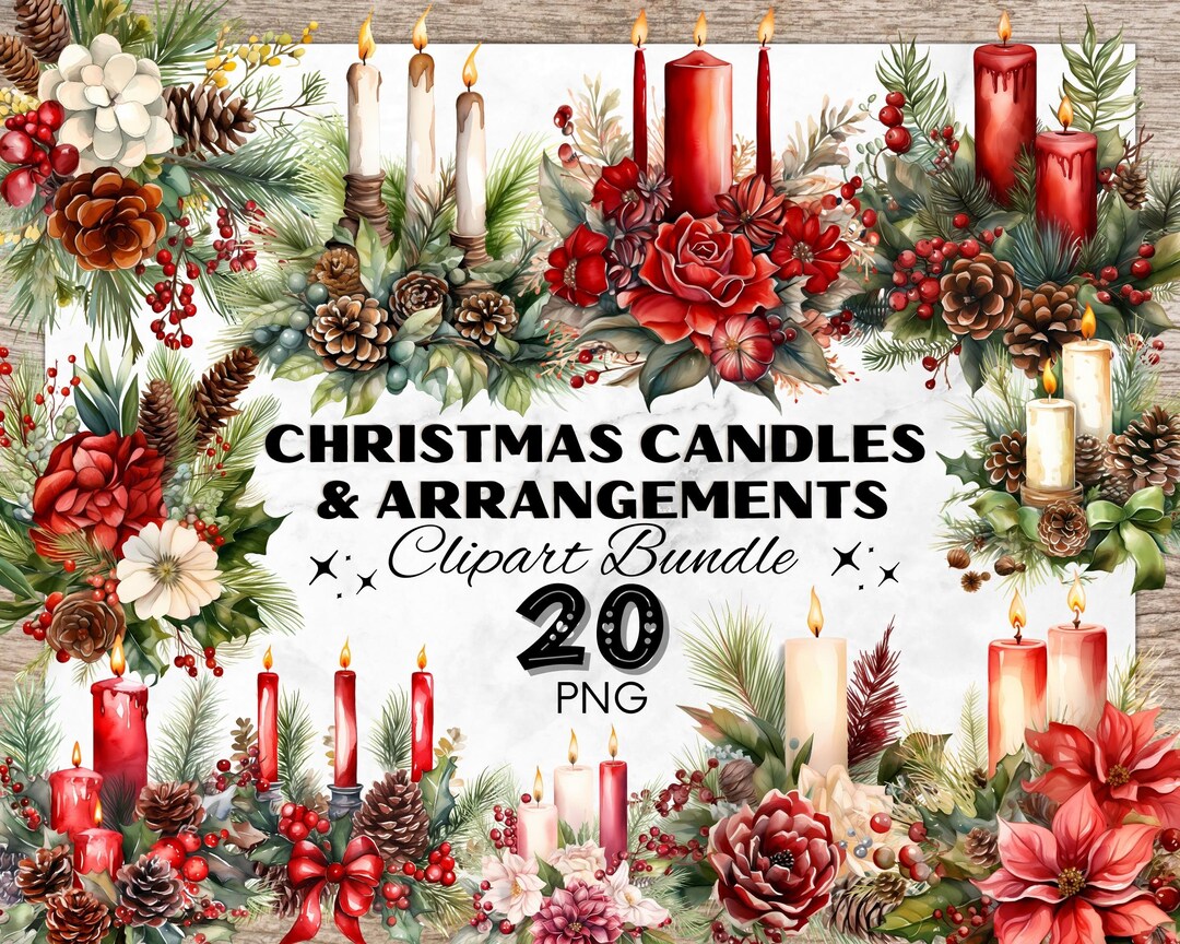 Christmas Candles Watercolor Clipart Bundle, Christmas Clipart Bundle ...