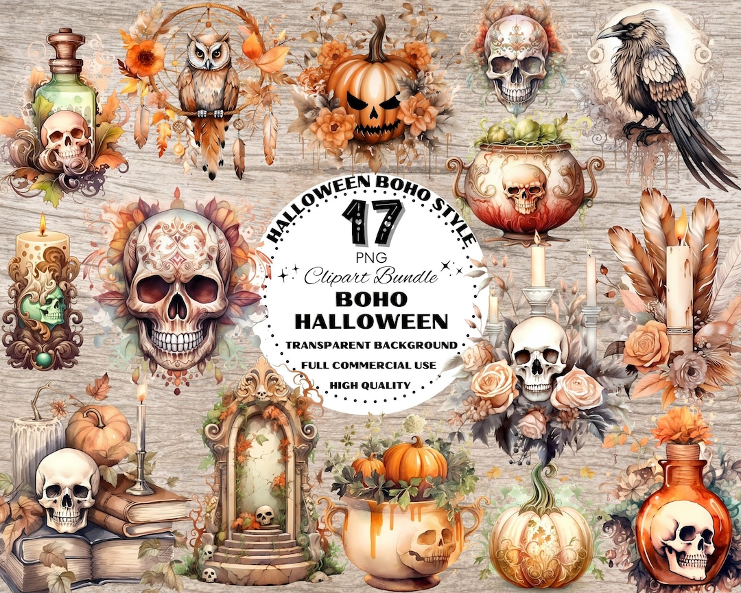 Boho Halloween Clipart, Boho Clipart Set, Boho Goth Theme Illustrations ...