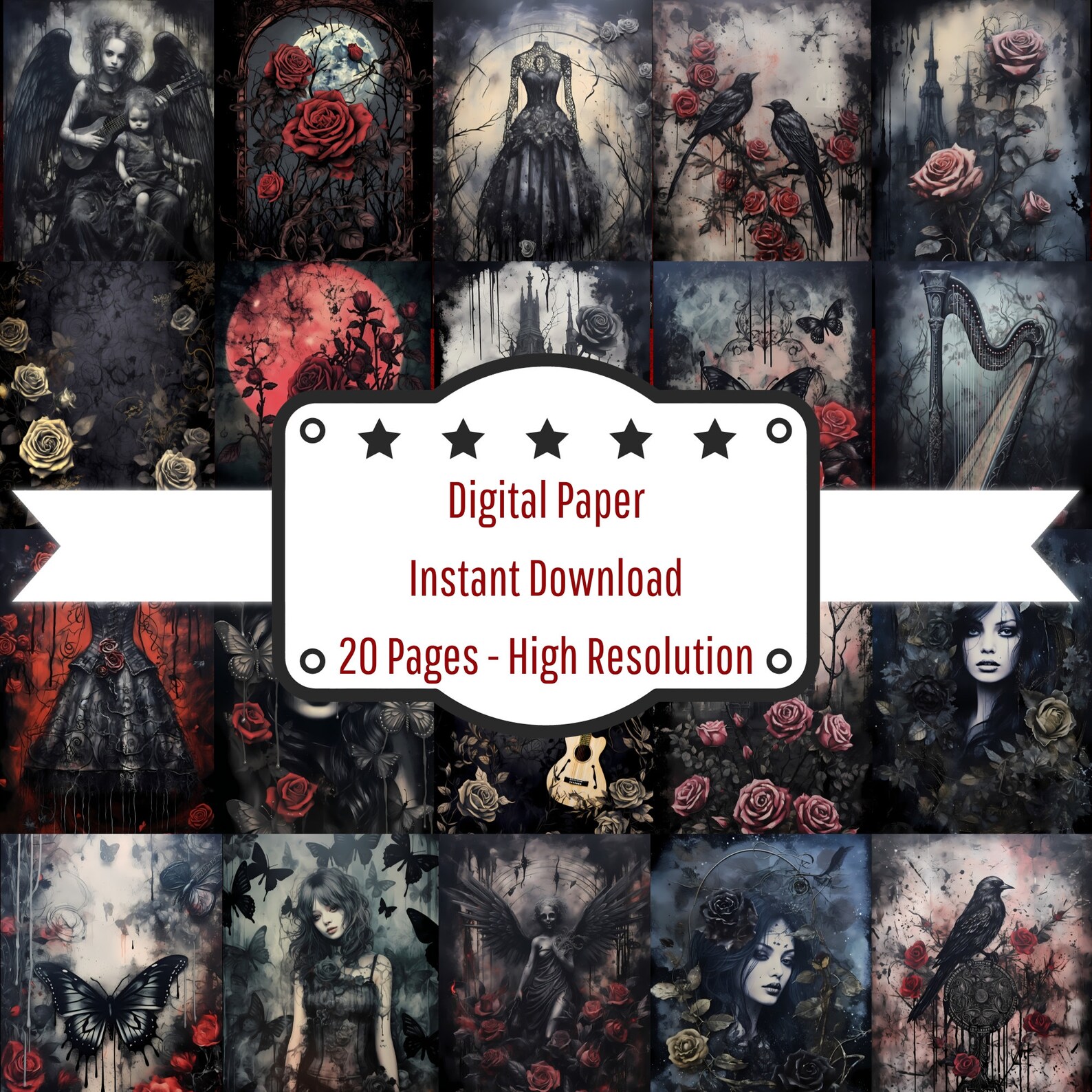 Dark Gothic Roses Junk Journal Pages, Floral Collage Sheets ...