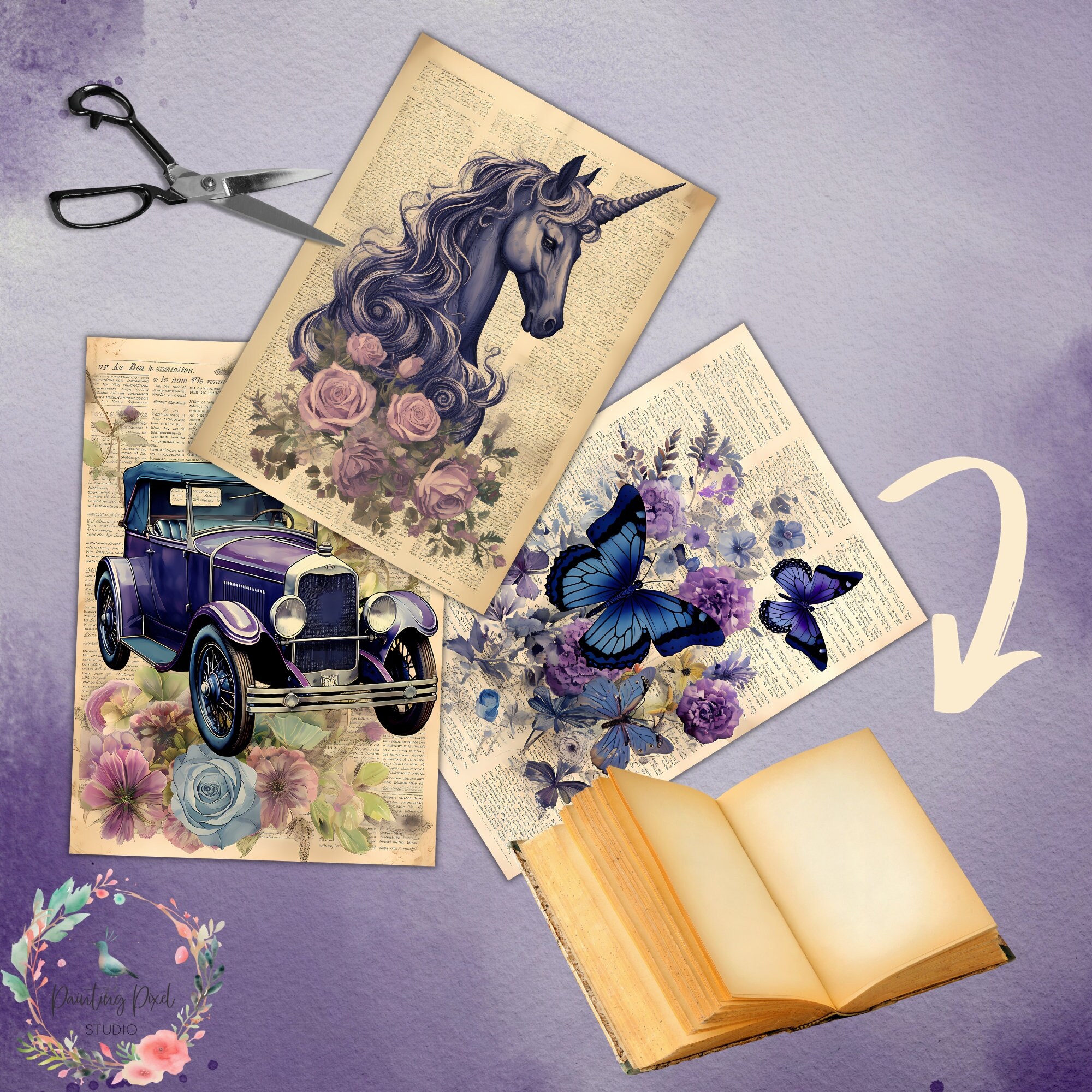 Royal Floral Purple Blue Junk Journal Pages Old Paper Collage Sheets ...