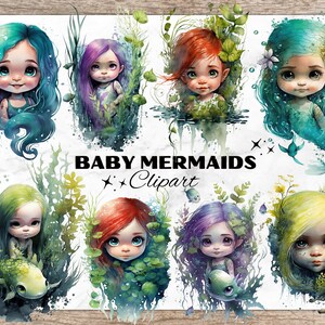 Baby Mermaid Bundle, Watercolor Clipart PNG, Underwater Fairy Clipart ...