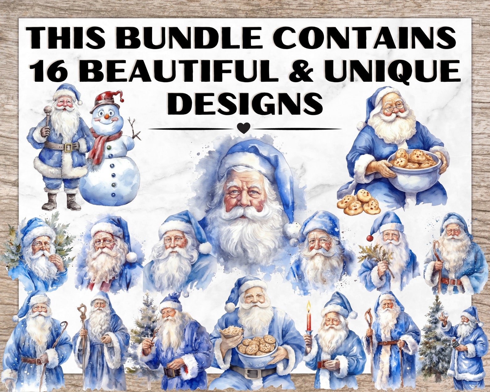 Santa Claus Clipart Bundle, Blue White Christmas Watercolor Clipart ...