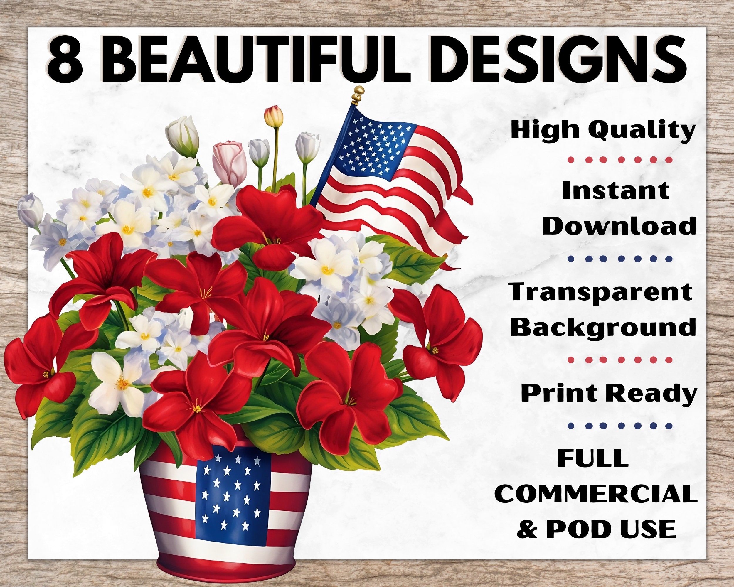 American Flag Flower Bundle, Watercolor Clipart, Patriotic Flowers ...