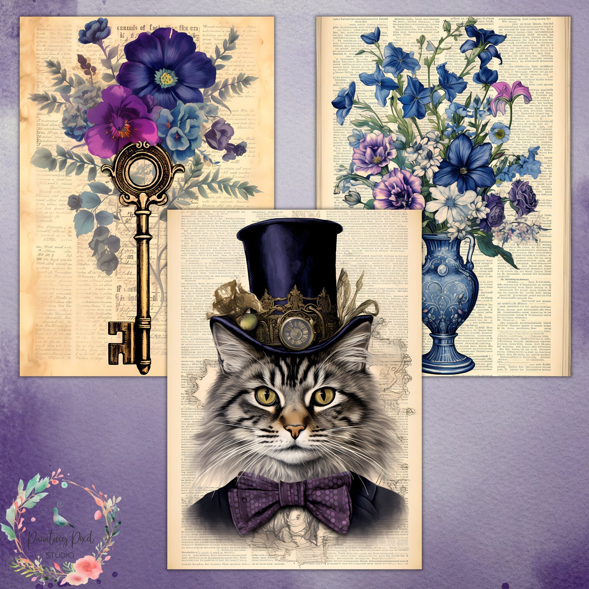 Royal Floral Purple Blue Junk Journal Pages Old Paper Collage Sheets ...