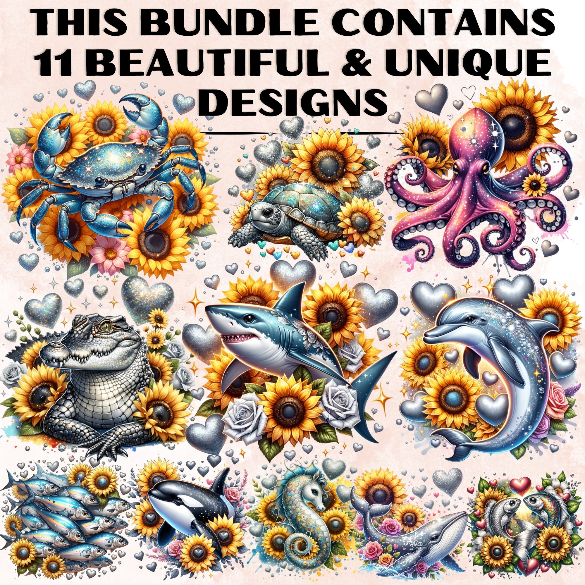 Ocean Animals With Sunflowers Watercolor Clipart Bundle, Underwater ...