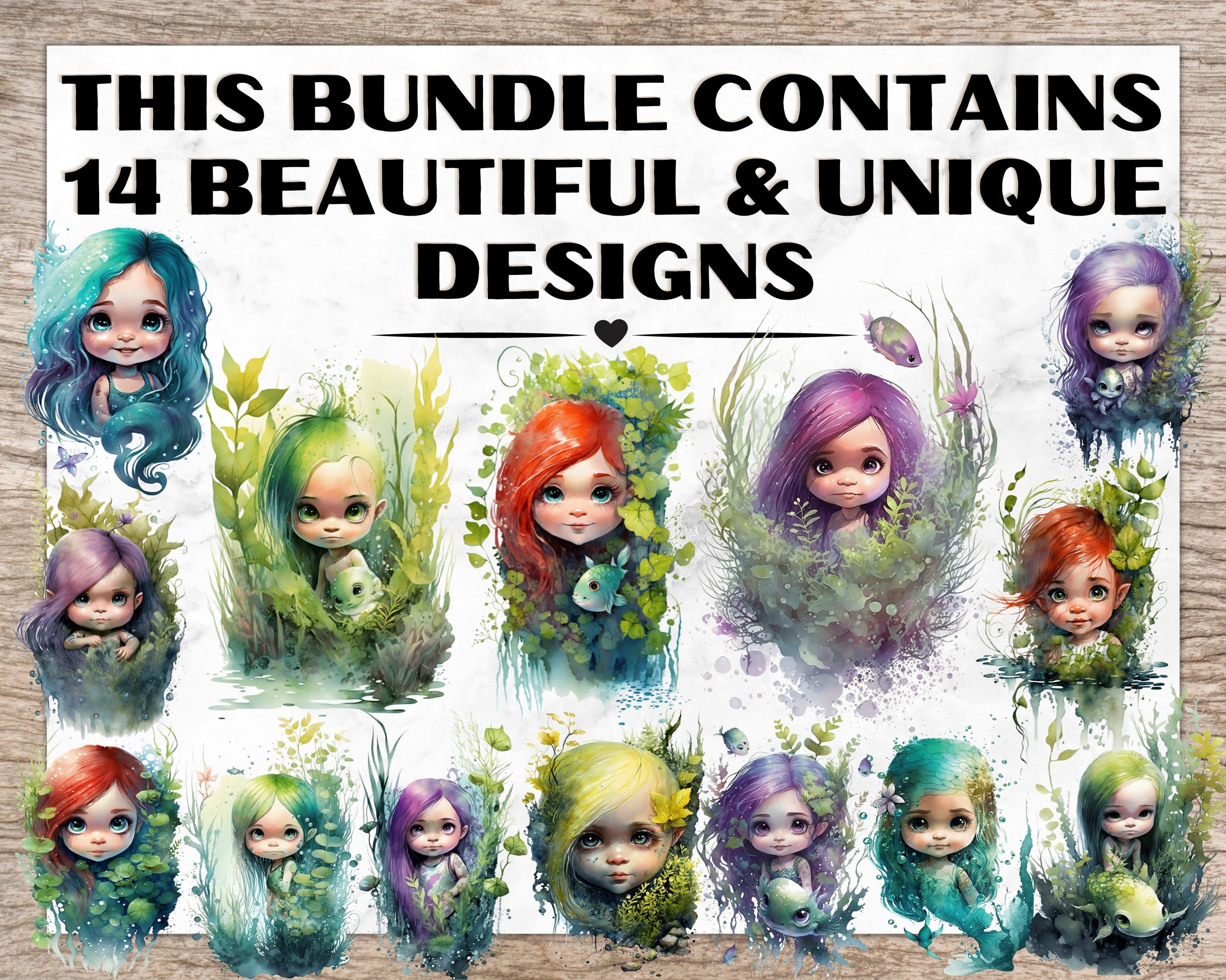 Baby Mermaid Bundle, Watercolor Clipart PNG, Underwater Fairy Clipart ...